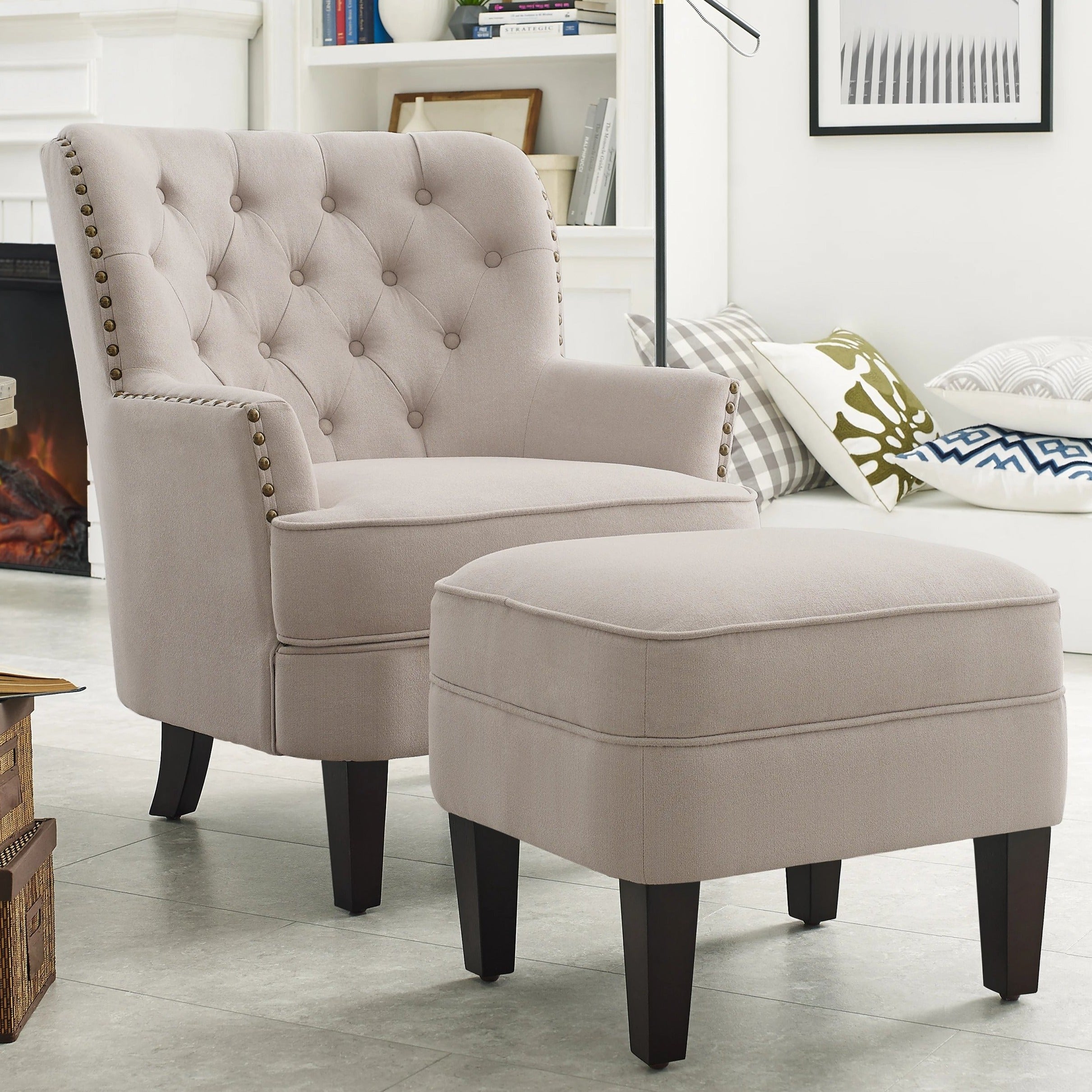 Alton Furniture Gustavo Club Chair with Ottoman Beige Velvet