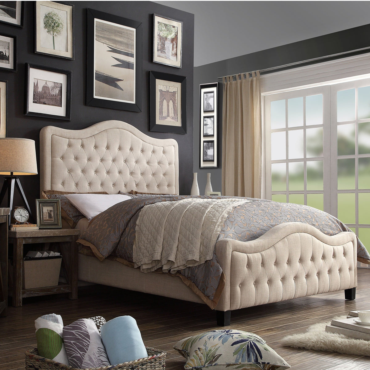 Darby Upholstered Button Tufted Curved Top Panel Bed with High Footboa ...